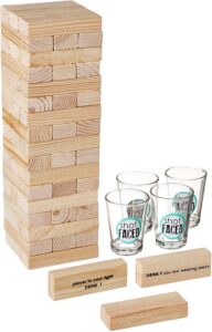 game night tipsy tower glass drinking game set w/wooden blocks & 4 lead-free shots-ideal gift for birthdays, father's day & more, 1 count (pack of 1), brown