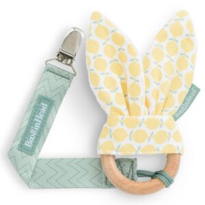 booginhead pacifier clip and natural wood baby teether, lemons