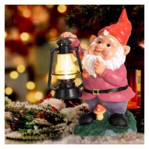 evelynsun garden gnome decor outdoor statues - gnome statue holding vintage lantern solar powered funny outdoor figurine lights for patio yard decorations