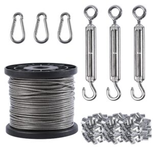 outdoor string light hanging kit, 200ft coated stainless steel cable light guide wire, contain turnbuckle and hooks, for indoor and outdoor lights, patio, garden