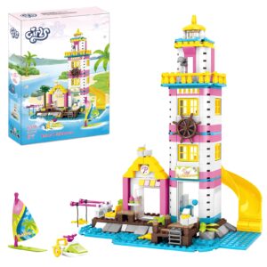 tblicked girls friends lighthouse building toys, seaside villa building sets 412 pieces, beach fun with friends fishing surfing, summer holiday island adventures play set gift for kids aged 6-12