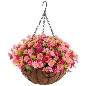 maybox artificial hanging basket with flowers for garden eave patio lawn decor 49pcs fake daisy bunches in 11.8 inches metal planter with coco coir liner