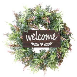 red flower green leaves wreath, 18 inch realistic artificial wreath with welcome sign,spring/summer wreath for front door porch garden farmhouse home decor wreath for door window wall decorations