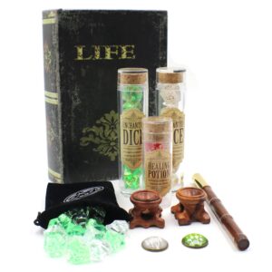 dahan dice druid and cleric gift set with dice, box, d20 stand and tokens