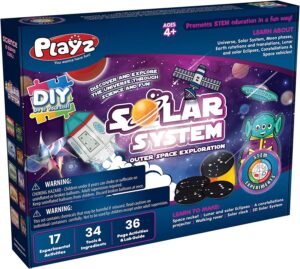 playz solar system for kids exploration kit - 17 outer space stem experiments & science toys for kids ages 4-12 - make diy rockets, eclipse, constellation projector, 2d solar system model, planet toys