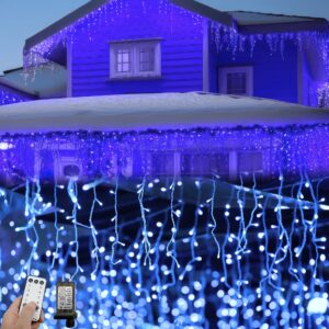 yolight 16.5ft 192 led halloween icicle lights outdoor, icicle christmas lights with remote, 8 modes twinkle curtain string lights, wedding party home garden roof xmas decoration(purple)