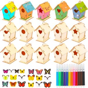 outus wooden diy craft doodle small bird house set include unfinished wood mini bird house to paint and watercolor paint pen and 3d butterfly wall sticker decals for kids adults (15 sets)