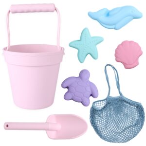 blue ginkgo silicone beach toys - modern travel friendly beach set | bucket, shovel, 4 sand molds, beach bag | sand toys for toddlers, kids - pink