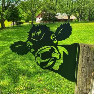 drppepioner farm peeping cow metal artwork, peeping sheep metal yard art sculpture, cow wall decor-farmhouse peeping cattle metal artwork outdoor patio garden hanging decors silhouette sign (calf)