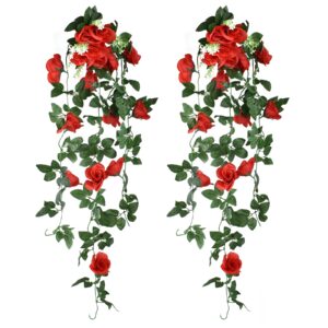 viociwuo 2pcs artificial rose vine flowers, fake garland plant hanging silk rose vine for wall home balcony garden wedding indoor outdoor decoration(red, 35.4 inch)