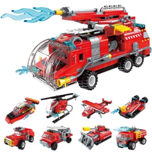 qlt qiaoletong city fire truck building kit for kids 6-12 years old, compatible with city fire truck 8-in-1 building block, fire helicopter toys building sets.(313 pcs)