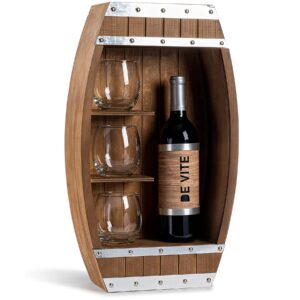 wooden wine barrel display - pinewood display case with sliding cover ideal for wine whiskey scotch & more - 3 built-in shelves for stemless wine or rocks glasses, a gift for wedding or any occasion