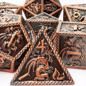 mjdiceok metal dice dragon set 7 dnd role playing dice d&d solid dice ancient red copper