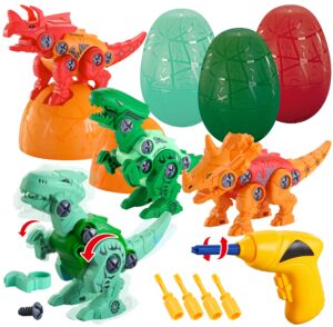 joyin 4 pack take apart dinosaur toys with movable joint, electric drill, dinosaur eggs, creative building construction engineering play kit, kids learning educational toys