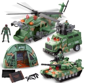 joyin military reconnaissance vehicle toy set of friction powered helicopter, tank, armored car with light and sound, motorcycle, camp and army figures, realistic military vehicle playset for kids