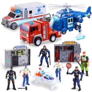 joyin 13pcs ambulance toys, city emergency truck toy set with fire truck, ambulance, helicopter, action figures, friction powered vehicles with light and sound, boys girls gifts for 1-8 years