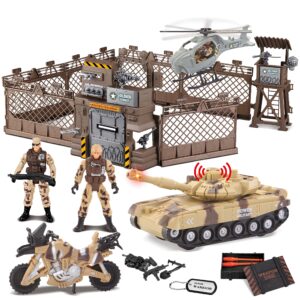 joyin desert military base toy set including military base, military tank, military helicopter, military motorcycle, army men action figures and weapon gear accessories for over 3 years old boys