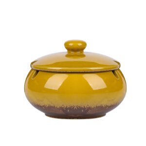 srecaty transmutation glaze ceramic ashtray with lid for cigarette outdoor windproof ash tray sets for smokeless home ashtrays outside for patio garden balcony - yellow