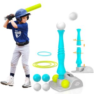 eaglestone tee ball set for toddlers, t ball sets for kids 3-5, w/ 6 large balls, adjustable teeball batting tee, 4 toss rings, baseball & toss game, outdoor sports toy games for boys & girls 3-12