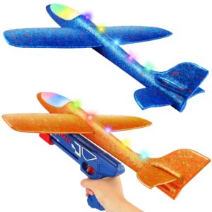 17.5" large airplane toys with launcher, 2 flight modes led light foam glider planes, outdoor flying toys for kids xmas birthday gifts for 4 5 6 7 8 9 10 year old boys girls (2 pack)