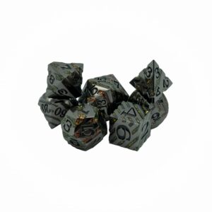 tiny gremlin metal dice of dwarven mining - dungeons and dragons dice - orange glitter with antique nickel metal swirl with black font