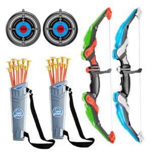 temi 2 pack set kids archery bow arrow toy set outdoor hunting play with 2 bow 20 suction cup arrows 2 target & 2 quiver, led light up function toy, outdoor toys for kids, boys & girls ages 3-12