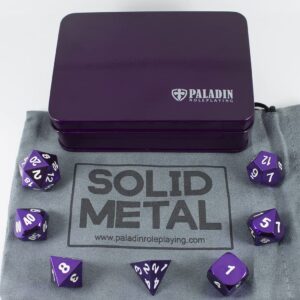 paladin roleplaying purple metal dice - full polyhedral set - in presentation case