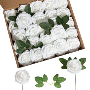 lansdowns artificial flower foam rose 25pcs real looking fake rose with stems leaves for home decoration party garden centerpieces diy wedding bouquets（white）