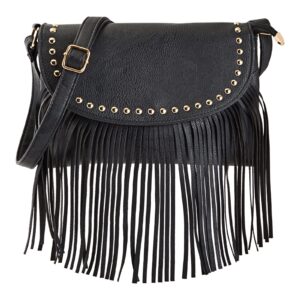 zodaca black fringe purse for women, faux leather hippie crossbody bag (10.5 x 1.5 x 7.8 in)