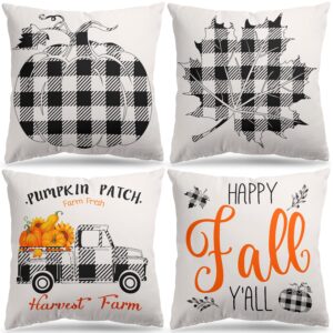 mingta happy fall pillow covers 18x18 set of 4, linen buffalo plaid maple pumpkin truck farmhouse thanksgiving throw pillow covers outdoor and indoor, pillow cases for sofa couch fall home decor