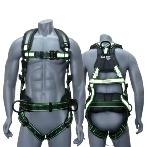 afp fall protection premium reflective black safety harness w/hi-viz lime, vented & padded shoulder, legs and back, 8” thick back support belt, 3 d-rings, tongue buckle, quick release (osha/ansi ppe)