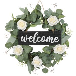 dremisland welcome wreath for front door,18 inch artificial rose eucalyptus leaves wreath,floral garland wreath for window garden festival celebration wedding home decor (black)