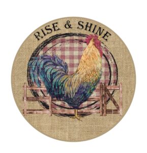 round metal tin sign rustic wall decor wall plaque wreath sign, rise and shine, animal sign, suitable for home garden kitchen bar cafe restaurant garage wall decor retro vintage 12x12 inch