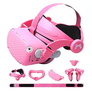 modjuego vr adjustable head strap for oculus quest 2 accessories with silicone touch controller grip cover,barbie pink 6 in1 vr shell protector cover & vr face cover replacement set