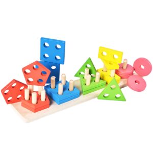 seamew wooden sorting & stacking toy montessori color recognition stacker for 1 2 3 year old boys and girls,shape sorter early educational block puzzles-5 shapes best gift 1-3 year old