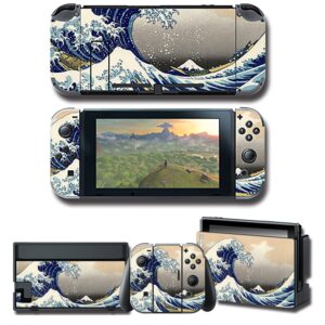 tanokay skin cover decals vinyl for nintendo switch, great wave of kanagawa katsushika hokusai protector wrap full set protective faceplate stickers