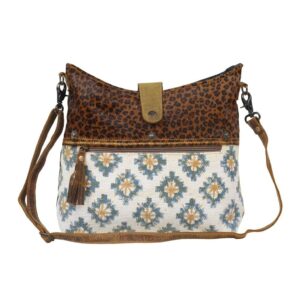 myra bag bounce back shoulder bag upcycled canvas, rug, leather & cowhide s-2626