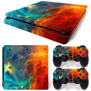 censteel ps4 s skin for playstation 4 slim console and controllers, ps4 slim whole body vinyl skin sticker decal cover - orange starry sky