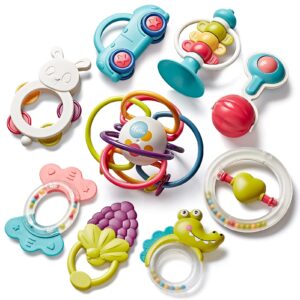 bu-buildup 9 pcs baby rattle teething toys, baby rattles toys, infant shaker with storage box, grab and spin rattles for newborn girl boy, odorless infant toys for babies 0-6-12 months