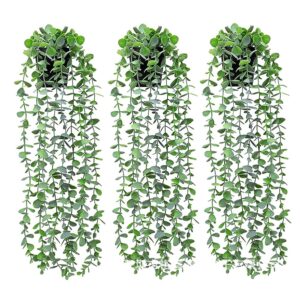 3 pack artificial hanging plant decor, fake eucalyptus leaves ivy plant potted faux greenery vines for home wall indoor outdoor kitchen patio garden office party wedding green diy decorations,set of 3