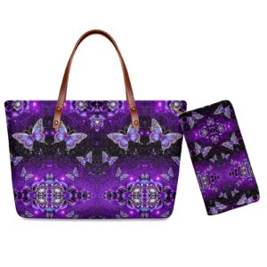 wellflyhom butterfly wallet and purse set for women floral galaxy purple handbags and purses ladies summer tote hand bags medium top handle bag satchel