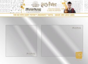 harry potter hogwarts battle square and large card sleeves | 80mm x 80mm and 80mm x 105mm card protector sleeves for harry potter deckbuilding games | cardsleeve back artwork featuring hogwarts crest