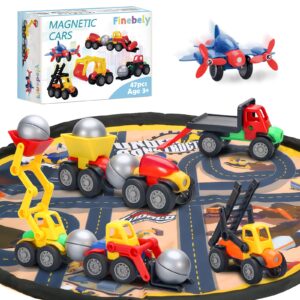 finebely magnetic toys for kids magnetic toy cars set with play mat|storage bag for magnet airplane vehicles cars construction car assembly diy toddler magnetic toys for kids 6-8 and up 47 pcs