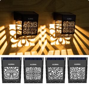 albina solar deck lights | solar fence lights outdoor waterproof led garden decorative lights for railing, post, step, frontdoor | auto on/off outdoor solar lights with christmas tree lamps, 4 pack