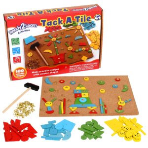 ready 2 learn tack a tile - wooden hammer toy for kids aged 4 and up - 100 shapes - big corkboard - kid-friendly tacks - foster imagination, fine motor skills and reasoning