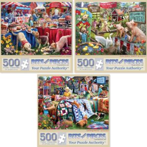 bits and pieces – value set of three 500 piece jigsaw puzzles for adults – desserts, farm animal, quilting festival jigsaw puzzles by artist larry jones, completed puzzle size: 18" x 24"