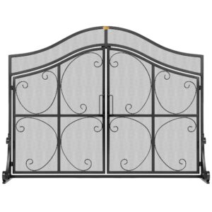 vivohome 43.3 x 34 inch wrought iron fireplace screen with doors metal decorative mesh fire spark large flat guard gate cover fireplace barrier panels black