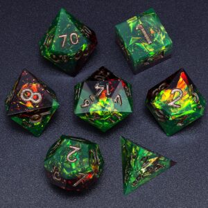 dnd dice sharp edge dice polyhedral dice mini planet dice dungeons and dragons dice handmade dice set peachy galaxy (jungle fire)