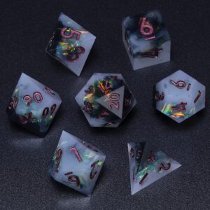 dnd dice sharp edge dice polyhedral dice mini planet dice dungeons and dragons dice handmade dice set peachy galaxy (dark knight)