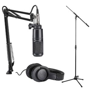 audio-technica at2020 podcasting studio microphone pack with ath-m20x headphones, boom & xlr cable bundle with h&a tripod microphone stand with telescoping boom